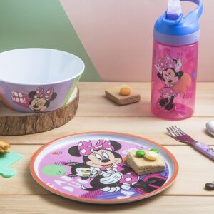 zak! 5-Piece Dinnerware Set, Disney Minnie Mouse - Durable Plastic & Stainless Steel - Includes Water Bottle, 8-Inch Plate, 6-Inch Bowl, Fork & Spoon - Suitable for Kids Ages 3+