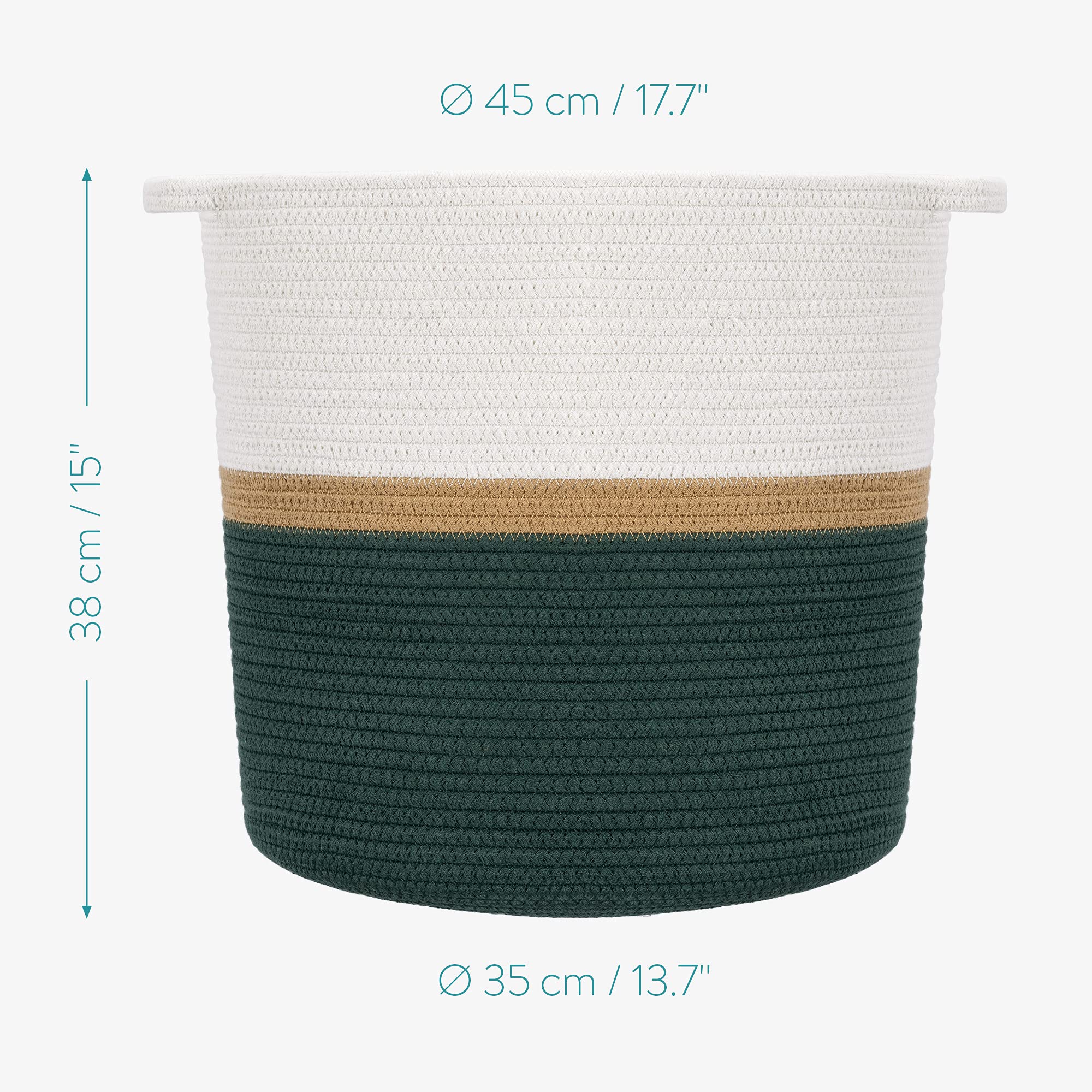 Navaris Cotton Rope Basket - 17.7" Diameter x 15" Height Woven Storage Basket with Handles for Laundry, Blankets - Dark Green/Natural/Off-White