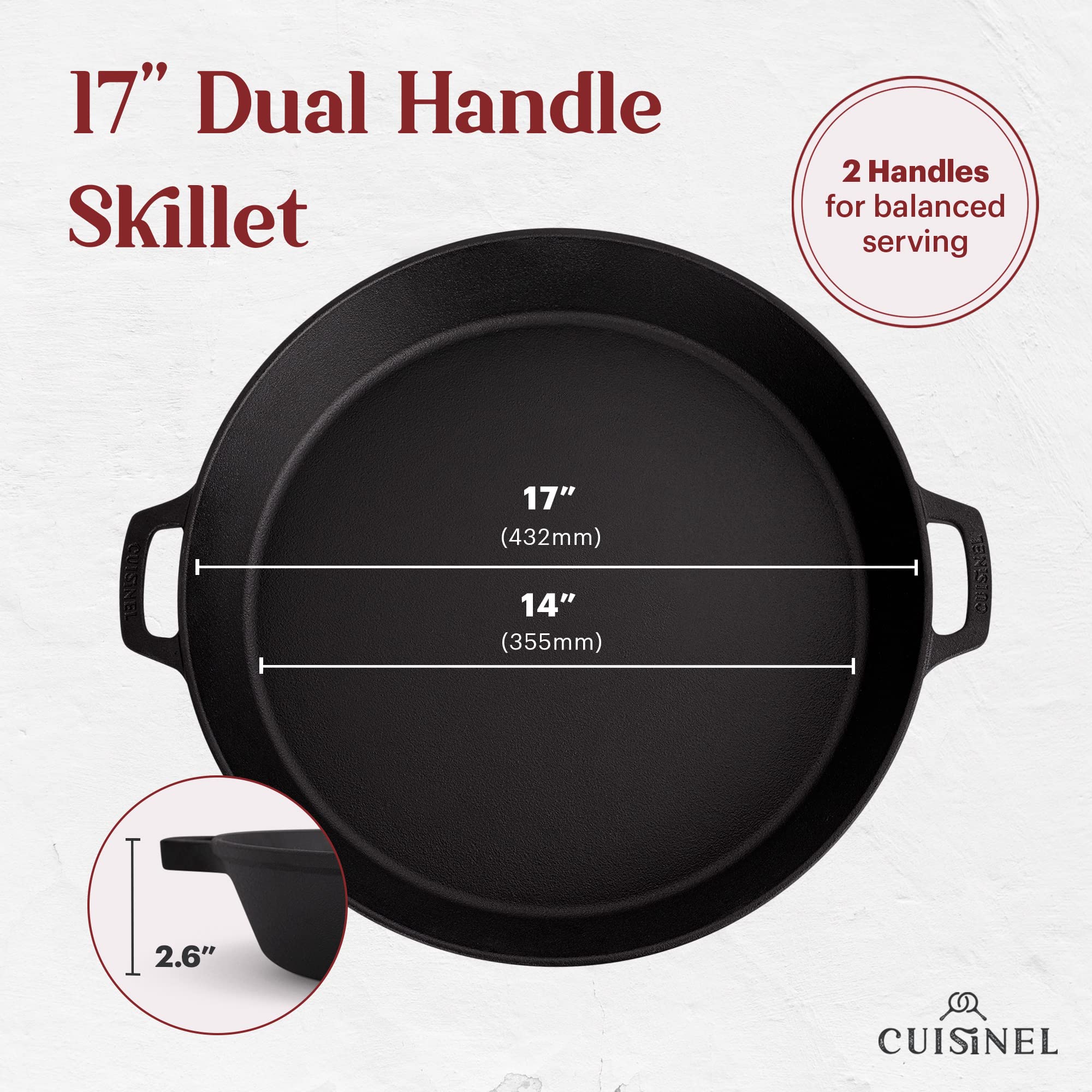 Cuisinel Cast Iron Skillet + Chainmail Scrubber Cleaner - 17"-Inch Dual Handle Braiser Frying Pan + Silicone Handle Covers - Pre-Seasoned Oven, Grill, BBQ, Stovetop, Fire Cookware - Indoor/Outdoor Use