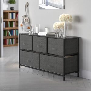 Flash Furniture 5 Drawer Storage Chest - Black Cast Iron Frame and Wood Top - 5 Easy Pull Dark Gray Fabric Drawers