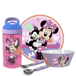 zak! 5-piece dinnerware set, disney minnie mouse - durable plastic & stainless steel - includes water bottle, 8-inch plate, 6-inch bowl, fork & spoon - suitable for kids ages 3+