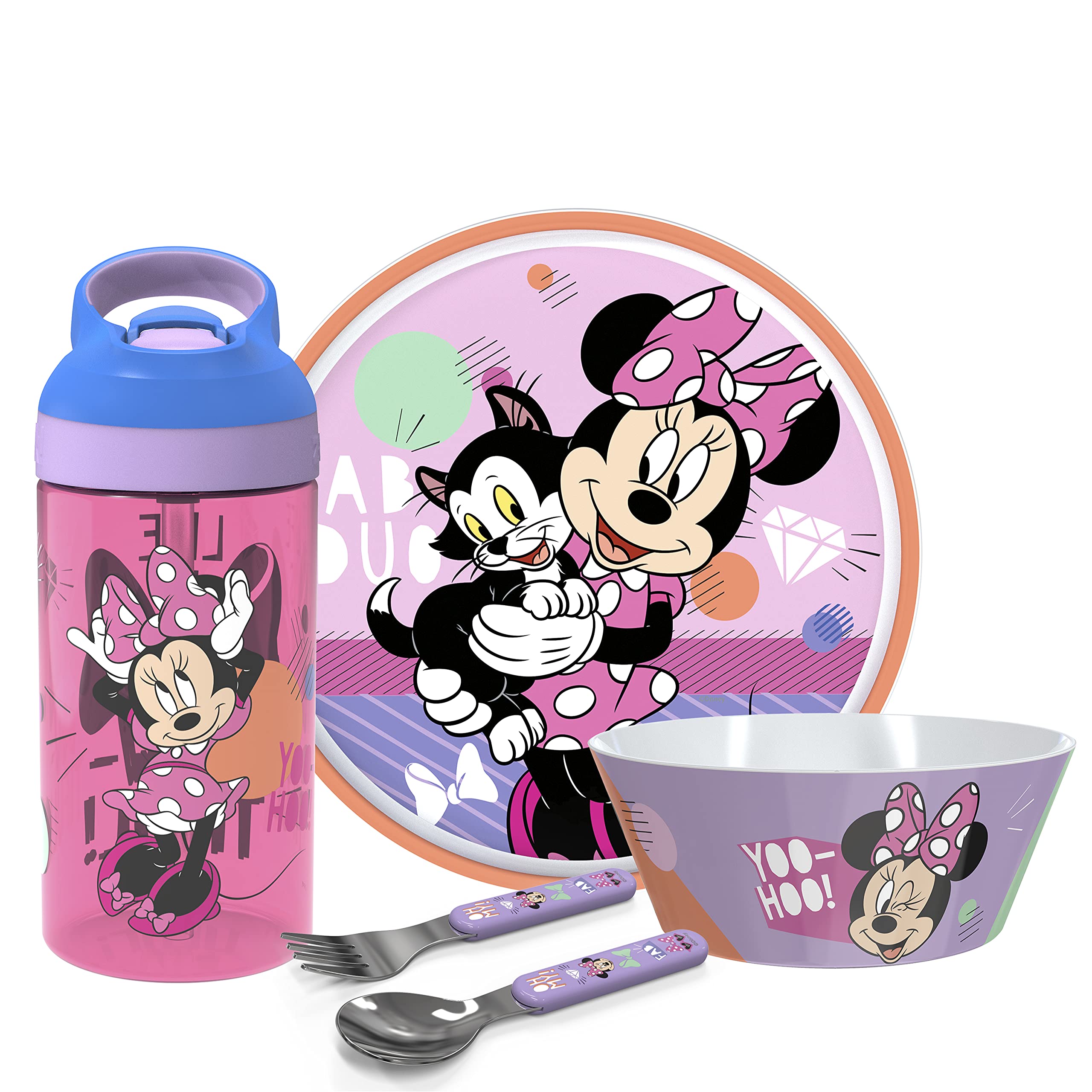 zak! 5-Piece Dinnerware Set, Disney Minnie Mouse - Durable Plastic & Stainless Steel - Includes Water Bottle, 8-Inch Plate, 6-Inch Bowl, Fork & Spoon - Suitable for Kids Ages 3+