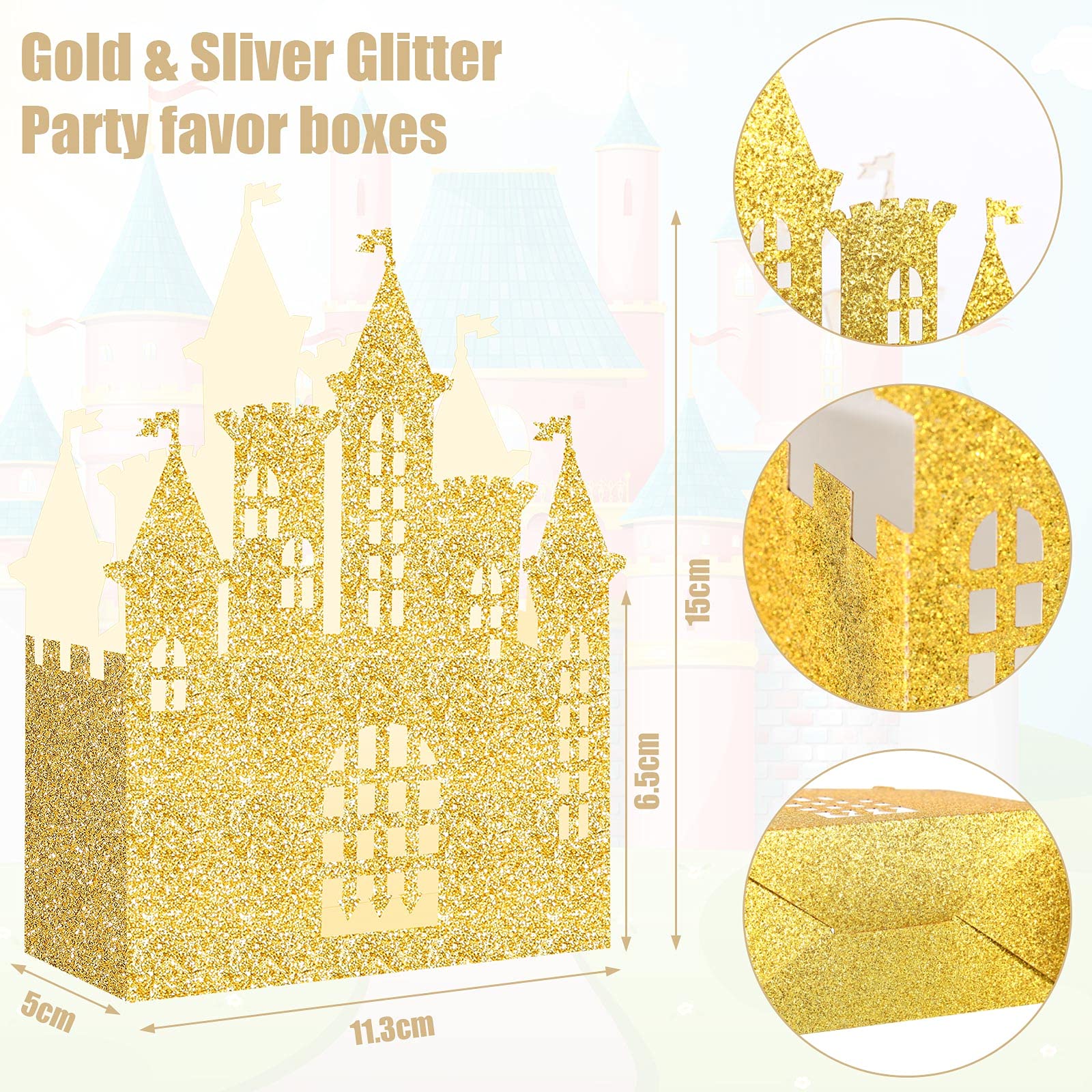 24 Pieces Gold Princess Castle Box Princess Birthday Party Decorations Gold Castle Table Centerpiece Glitter Princess Theme Party Supplies for Princess Birthday Baby Shower Party Favor Decorations