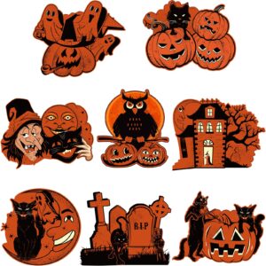 8 pieces vintage halloween party decorations, assorted black orange retro halloween pumpkin moon cutouts halloween wall decorations poster with glue point dots for old style halloween decor