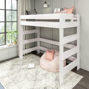 max & lily modern farmhouse high loft bed, twin bed frame for kids, white wash