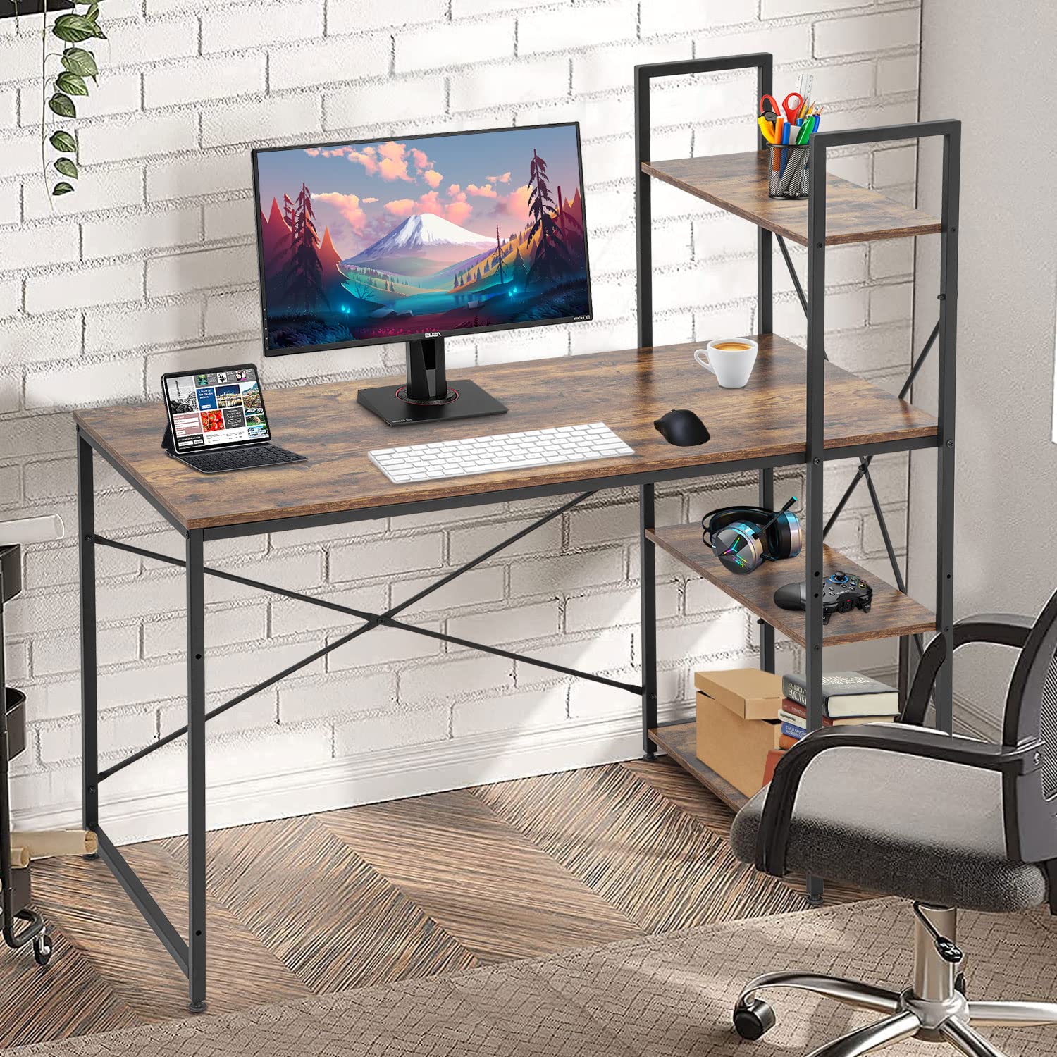 Computer Desk with 4 Tier Storage Shelf- 47 Inch Home Office Table, Modern Steel Frame Wood Study Gaming Corner Desk Easy Assemble,Brown