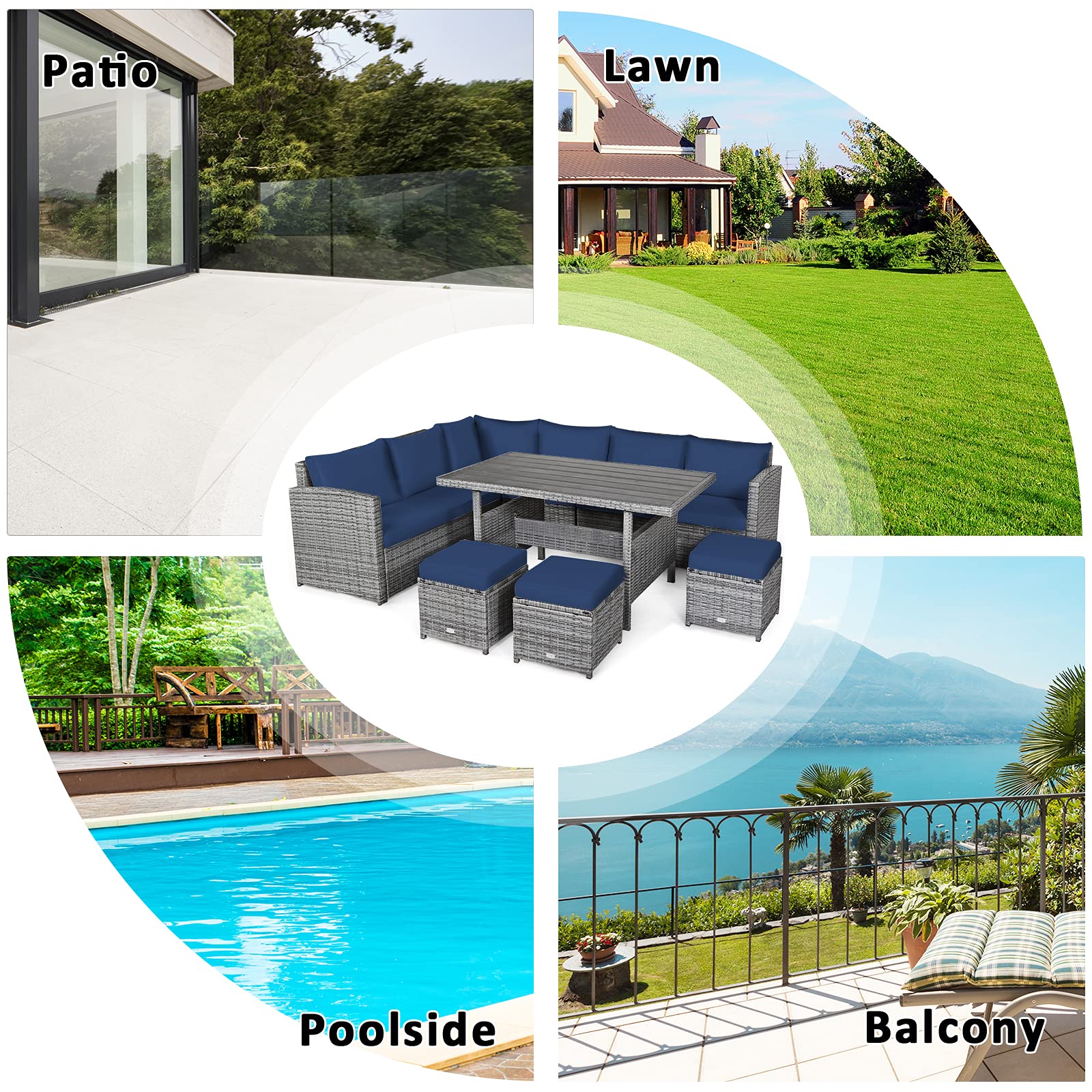 Tangkula 7 Pieces Patio Furniture Set, Outdoor Sectional Rattan Sofa Set with Cushions, All Weather Wicker Conversation Couch Set w/Dining Table & Ottomans for Backyard Garden Poolside (Navy Blue)