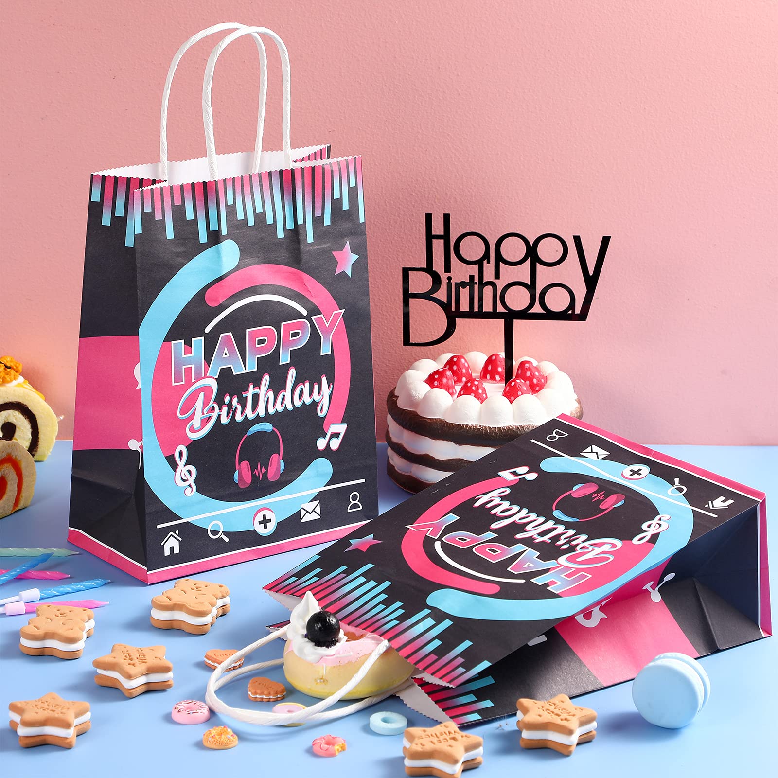 16 Pieces Music Party Kraft Paper Gift Bags, Happy Birthday Candy Goodie Treat Party Favor Bags with Handle for Social Media Theme Birthday Party Decorations Supplies