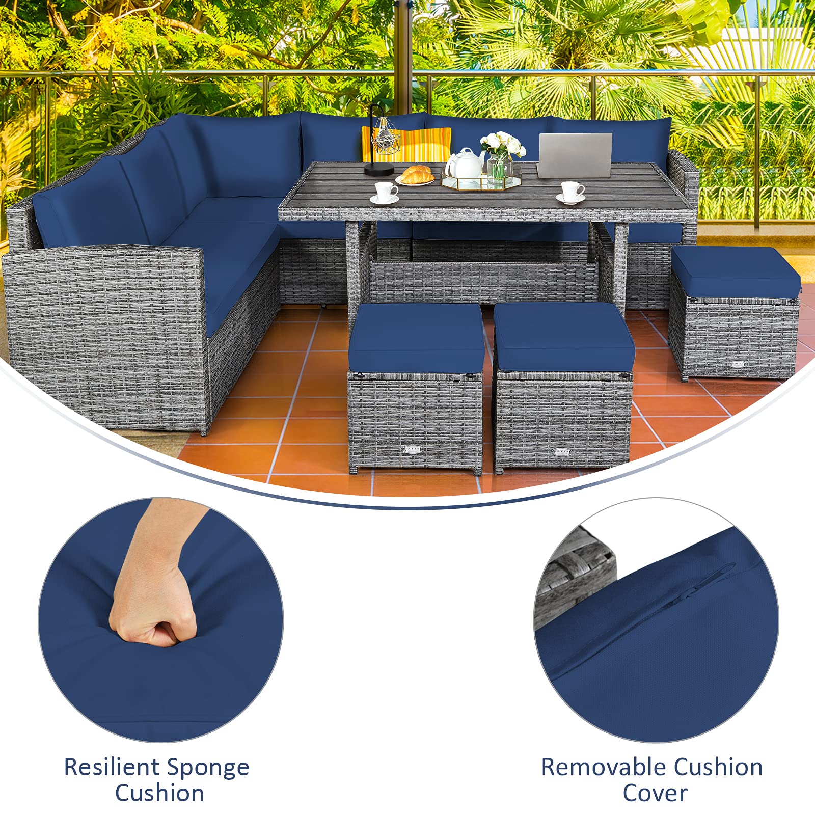 Tangkula 7 Pieces Patio Furniture Set, Outdoor Sectional Rattan Sofa Set with Cushions, All Weather Wicker Conversation Couch Set w/Dining Table & Ottomans for Backyard Garden Poolside (Navy Blue)