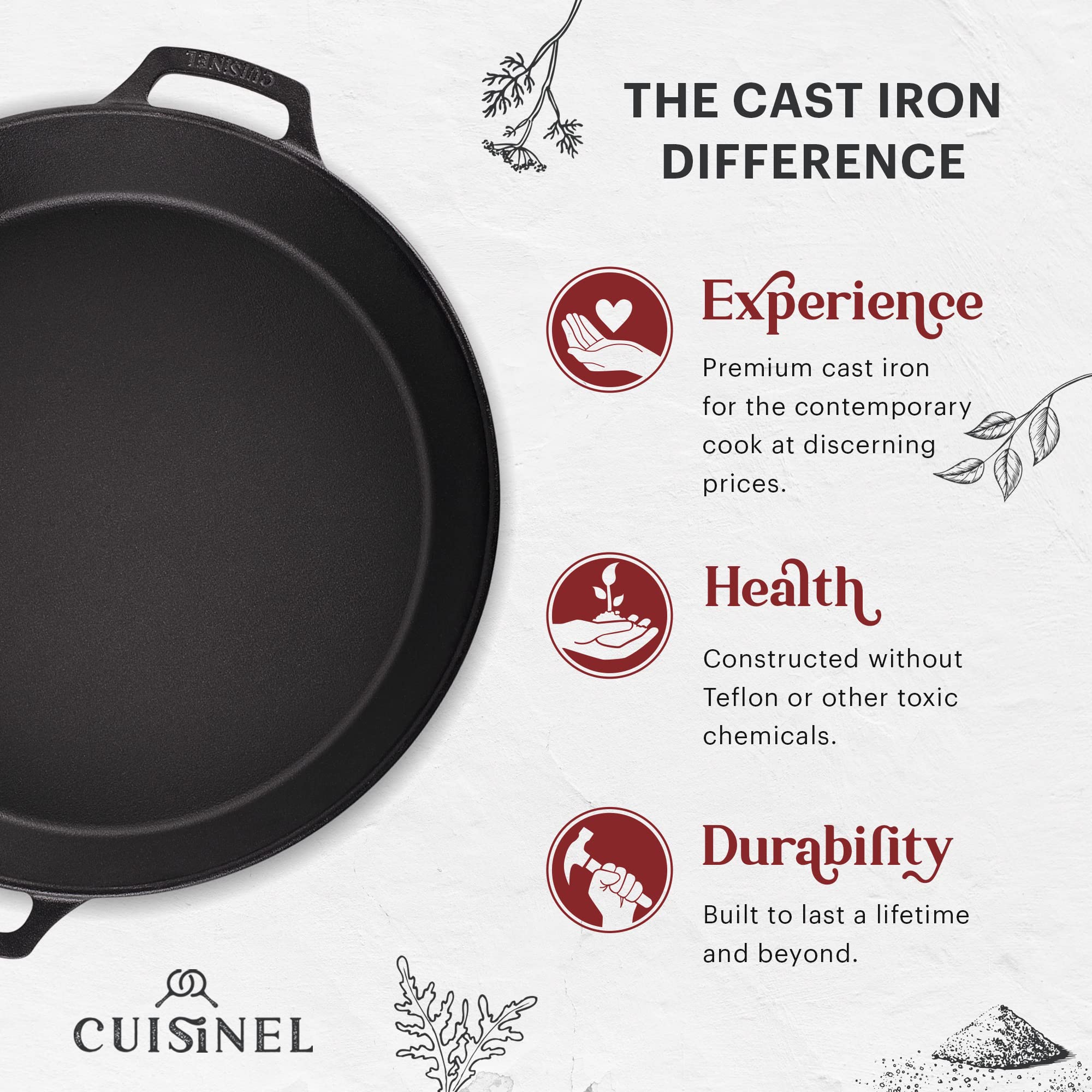 Cuisinel Cast Iron Skillet + Glass Lid + Red Chainmail Scrubber - 15"-Inch Dual Handle Braiser Frying Pan + Silicone Handle Covers - Pre-Seasoned Oven, Grill, Stovetop, Fire Cookware - Indoor/Outdoor