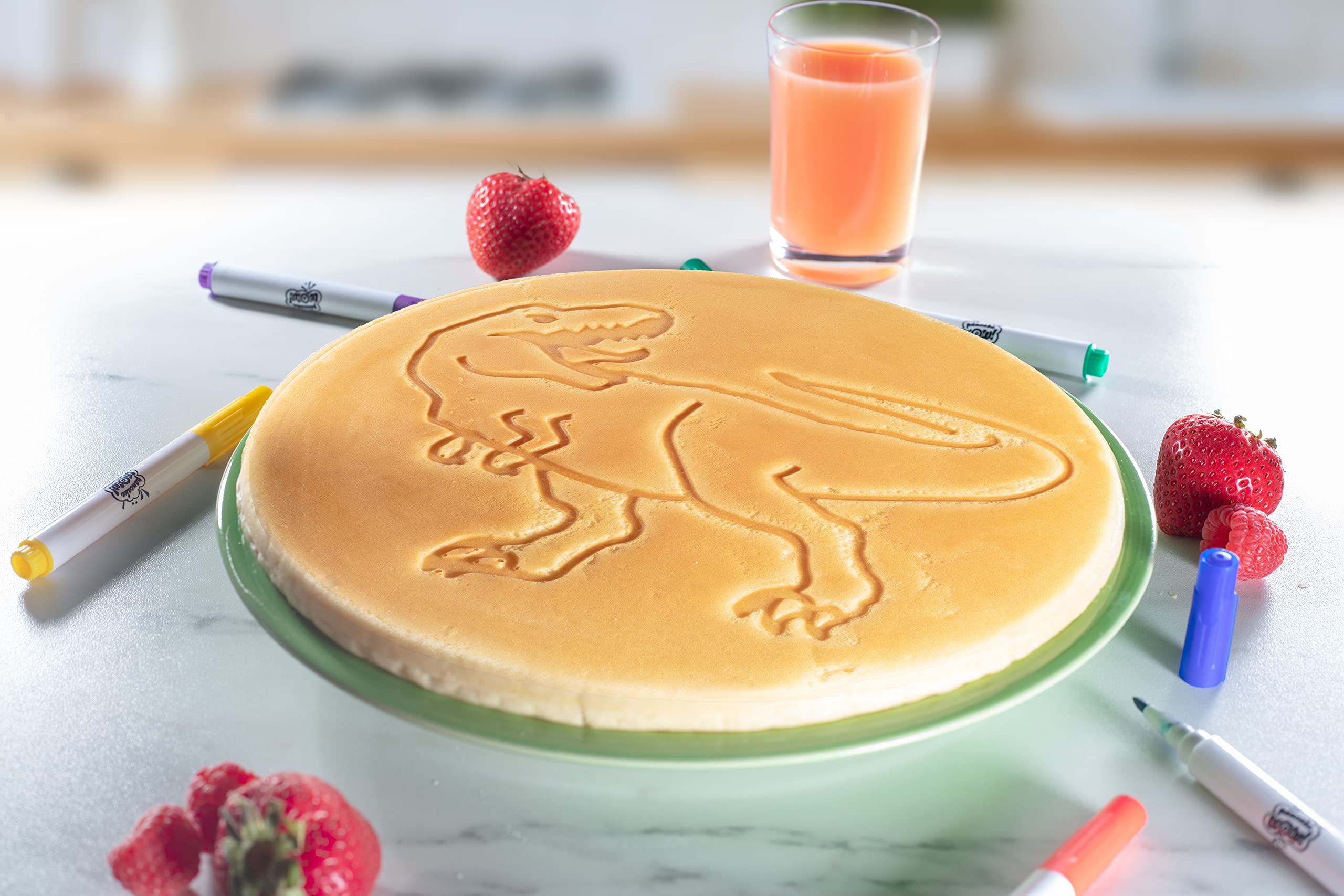 Jumbo Dinosaur Pancake Pan - Make Giant 10" Jurassic Pancakes for Magical Kid's Dino Christmas Breakfast - Includes 6 Edible Markers For Added Family Fun - Non Stick Griddle, Cool Unique Holiday Gift