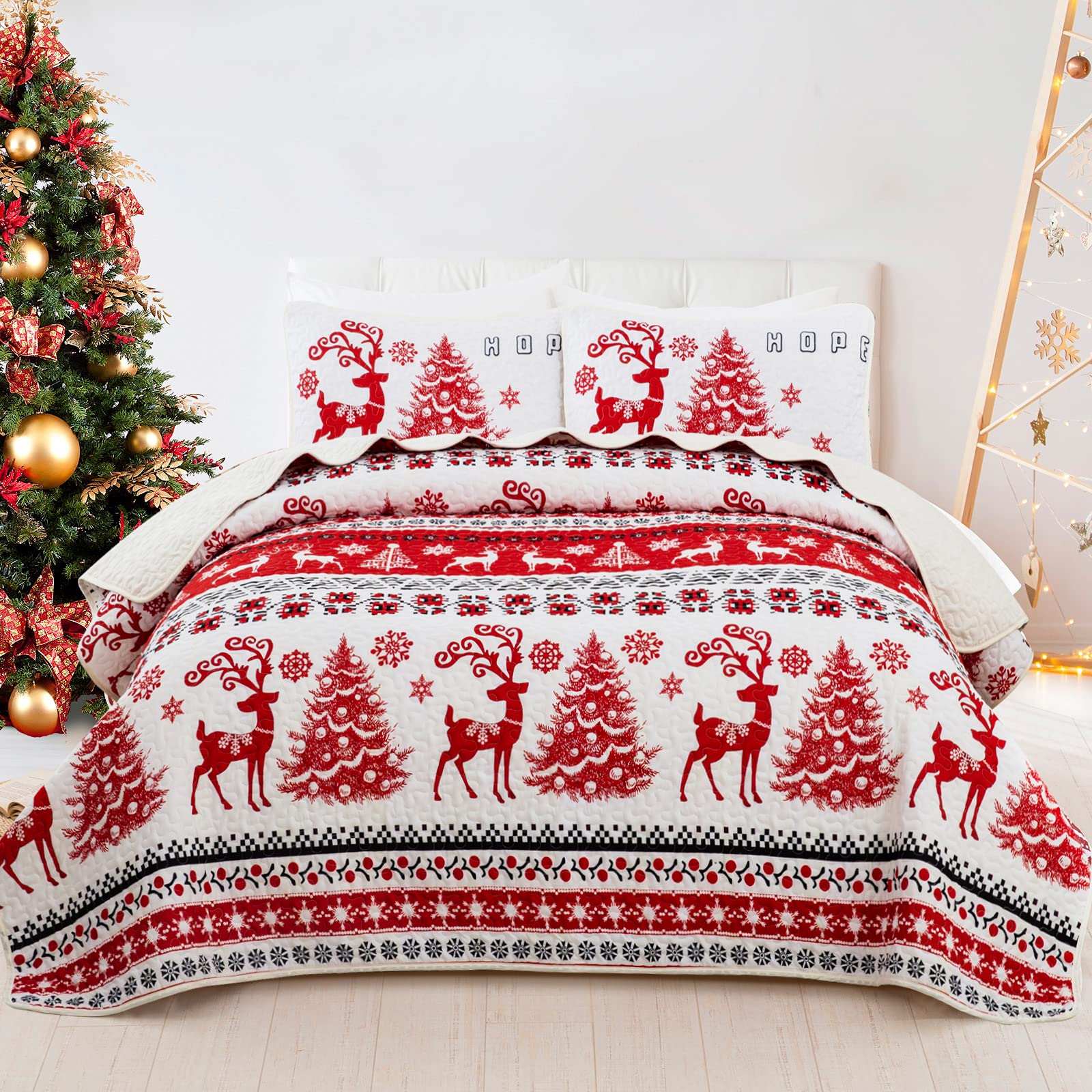 DJY Christmas Quilt Set King, Xmas Tree Elks Printed Quilt Coverlet for All Season Rustic Christmas Bedding Quilt with 2 Pillow Shams Christmas Microfiber Bedspread Set for Kids Teens 90"x104"