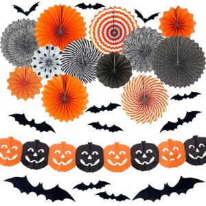 halloween party decorations, black orange party hanging paper fans, pumpkin smile party banner, 3d bats wall stickers for halloween themed birthday party background classroom decorations home decors