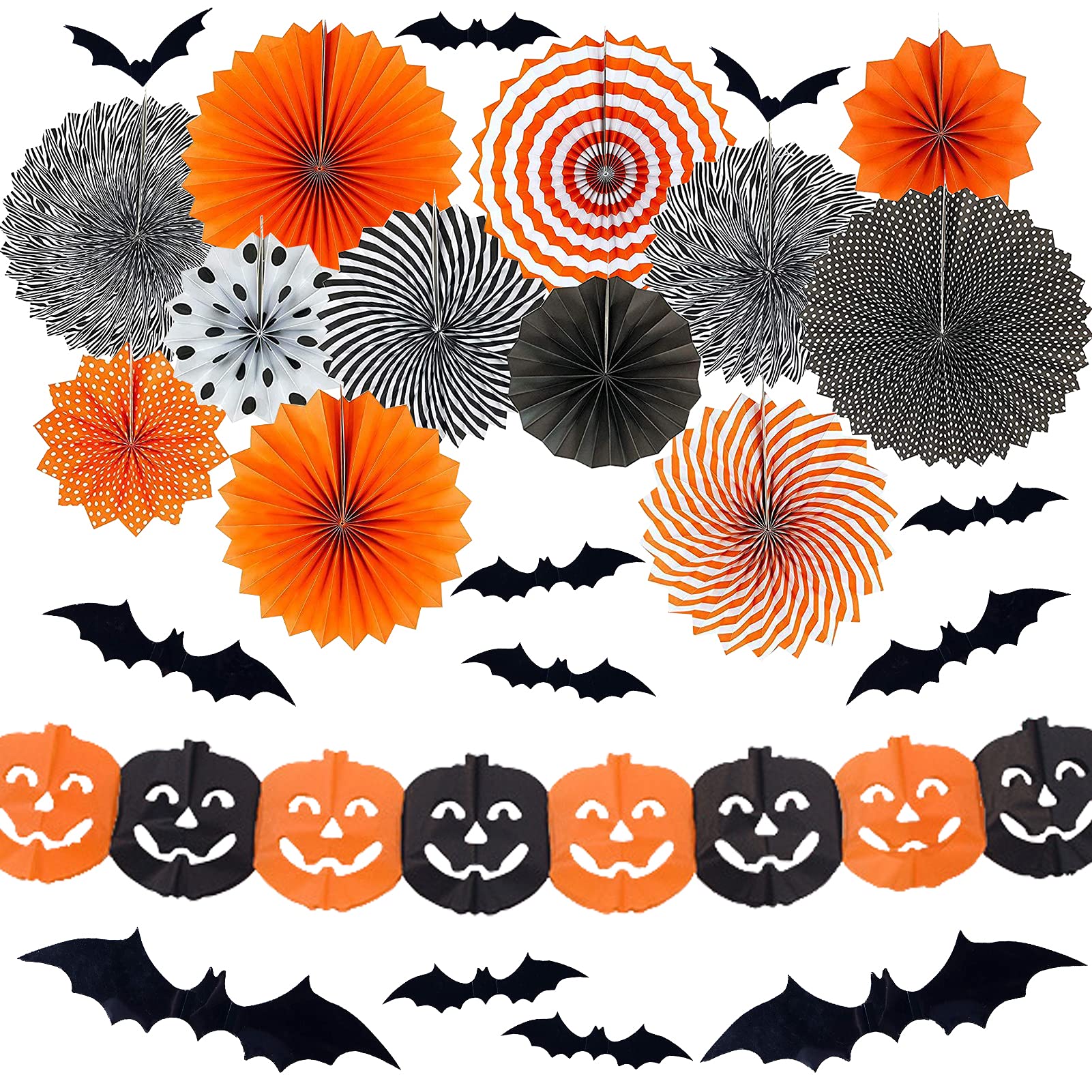 Halloween Party Decorations, Black Orange Party Hanging Paper Fans, Pumpkin Smile Party Banner, 3D Bats Wall Stickers for Halloween Themed Birthday Party Background Classroom Decorations Home Decors