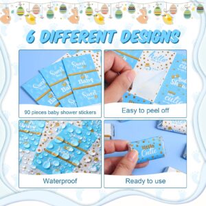 Baby Shower Candy Wrappers, Shower Mini Candy Bar Miniatures Wrappers Chocolate Bar Label Stickers for Boys Girls Kids Baby Shower Decor (No Candy)(Blue Boy Style, 90 Pieces)