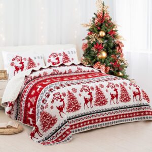 DJY Christmas Quilt Set King, Xmas Tree Elks Printed Quilt Coverlet for All Season Rustic Christmas Bedding Quilt with 2 Pillow Shams Christmas Microfiber Bedspread Set for Kids Teens 90"x104"