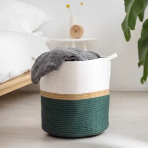 Navaris Cotton Rope Basket - 17.7" Diameter x 15" Height Woven Storage Basket with Handles for Laundry, Blankets - Dark Green/Natural/Off-White