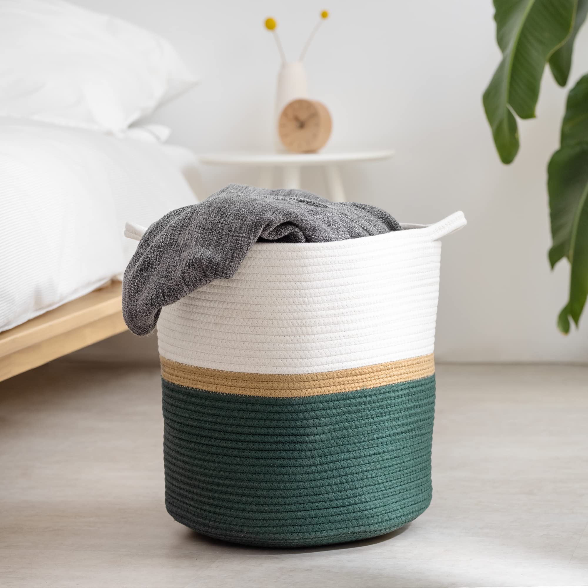 Navaris Cotton Rope Basket - 17.7" Diameter x 15" Height Woven Storage Basket with Handles for Laundry, Blankets - Dark Green/Natural/Off-White