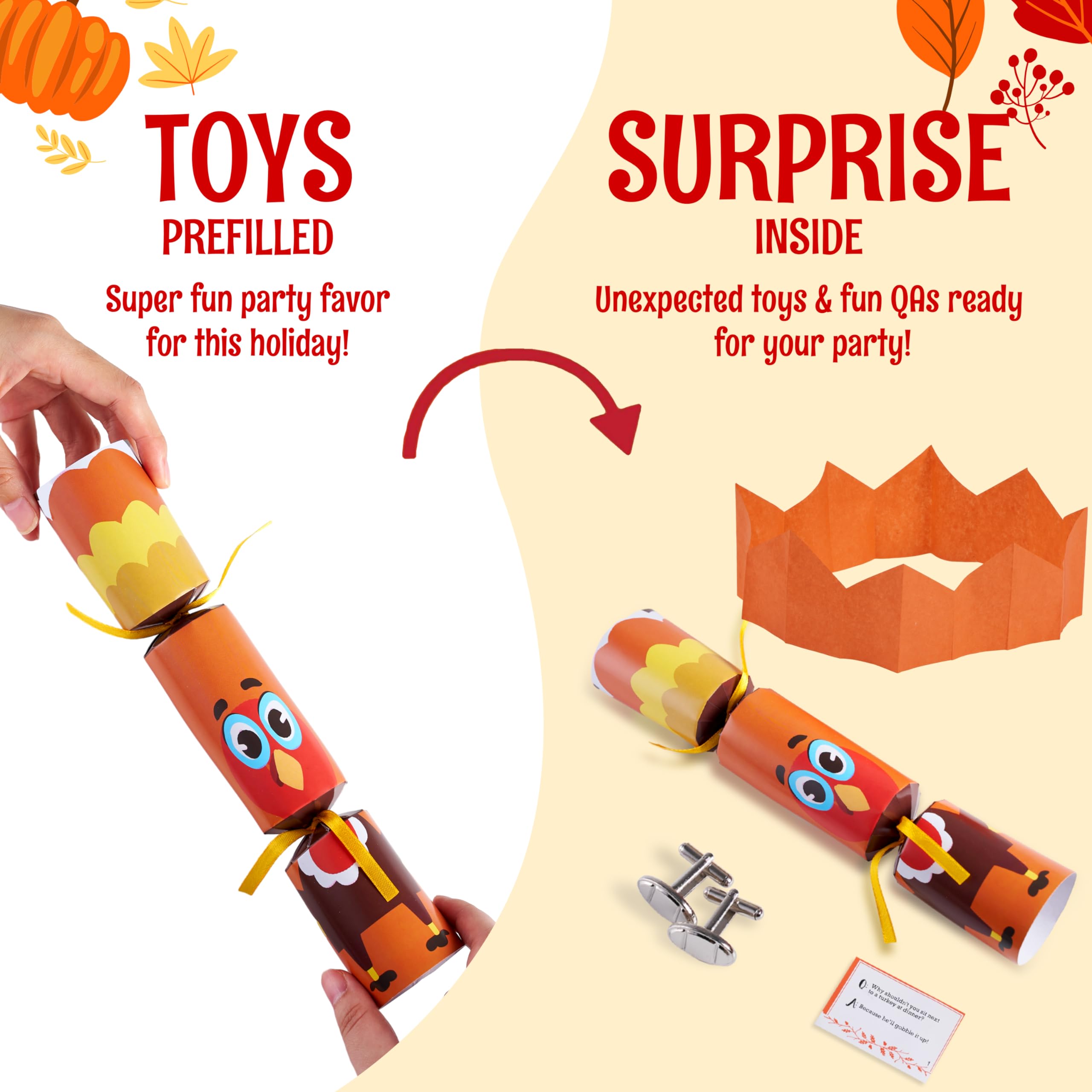 JOYIN 8 PACK Thanksgiving Party Favor,Turkey Style Thanksgiving Cracker,Party Games for Fall Holiday, No Snap Party Table Favor Set with Joke Dice & Gifts,Thanksgiving Holiday Cracker for Kids Adults