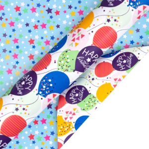 LeZakaa Reversible Birthday Wrapping Paper Jumbo Roll - Colorful Balloon & Stars - 24 inches x 100 Feet (200 sq.ft.)