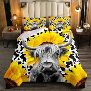 feelyou highland cow comforter set sunflower cow skin decor bedding set for kids boys girls grey bull cattle comforter western funny animal quilt set room 2pcs twin size