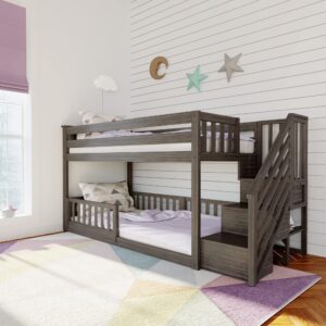 max & lily low bunk with stairs and three guard rails, clay