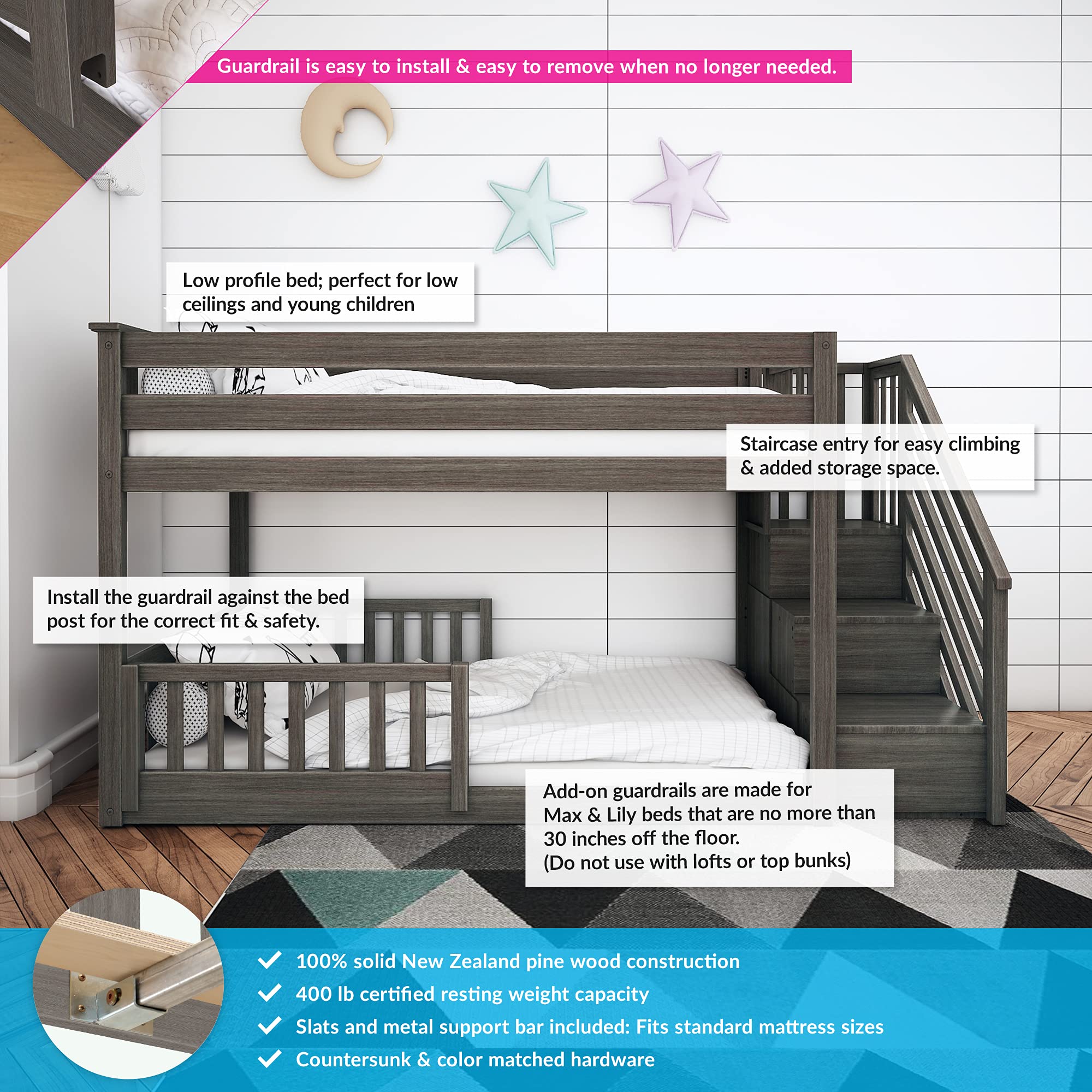 Max & Lily Low Bunk with Stairs and Two Guard Rails, Clay