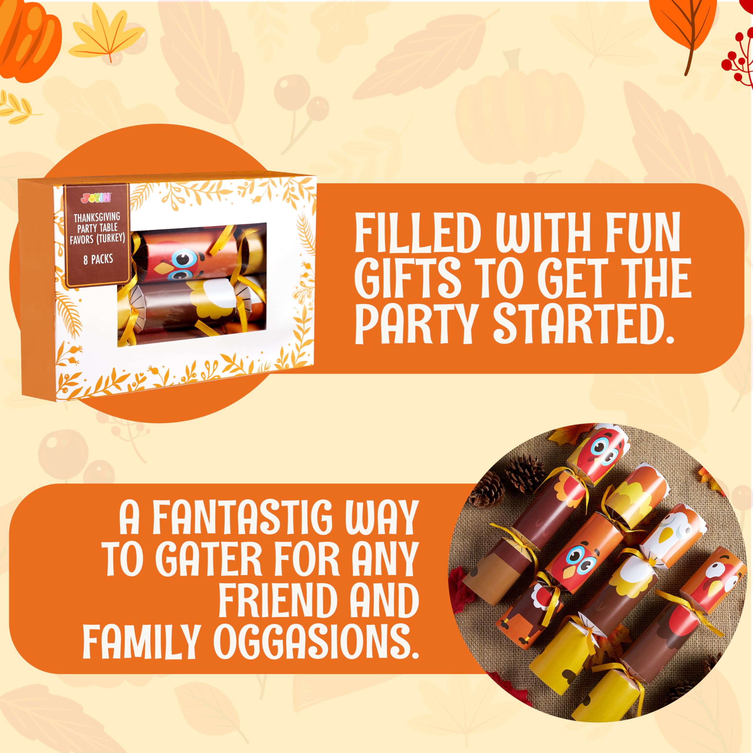 JOYIN 8 PACK Thanksgiving Party Favor,Turkey Style Thanksgiving Cracker,Party Games for Fall Holiday, No Snap Party Table Favor Set with Joke Dice & Gifts,Thanksgiving Holiday Cracker for Kids Adults