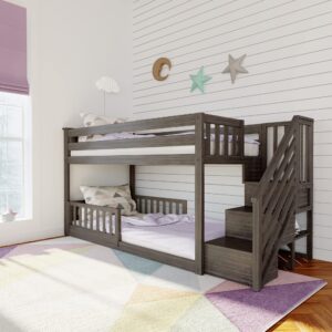 max & lily low bunk with stairs and two guard rails, clay