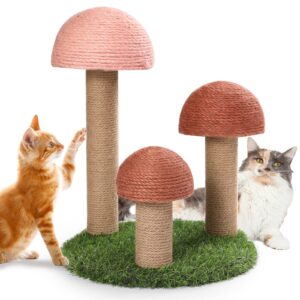 powerking cat scratching post, mushroom claw scratching post for cat, natural sisal cat scratchers with 3 mushroom pole, cat interactive toys