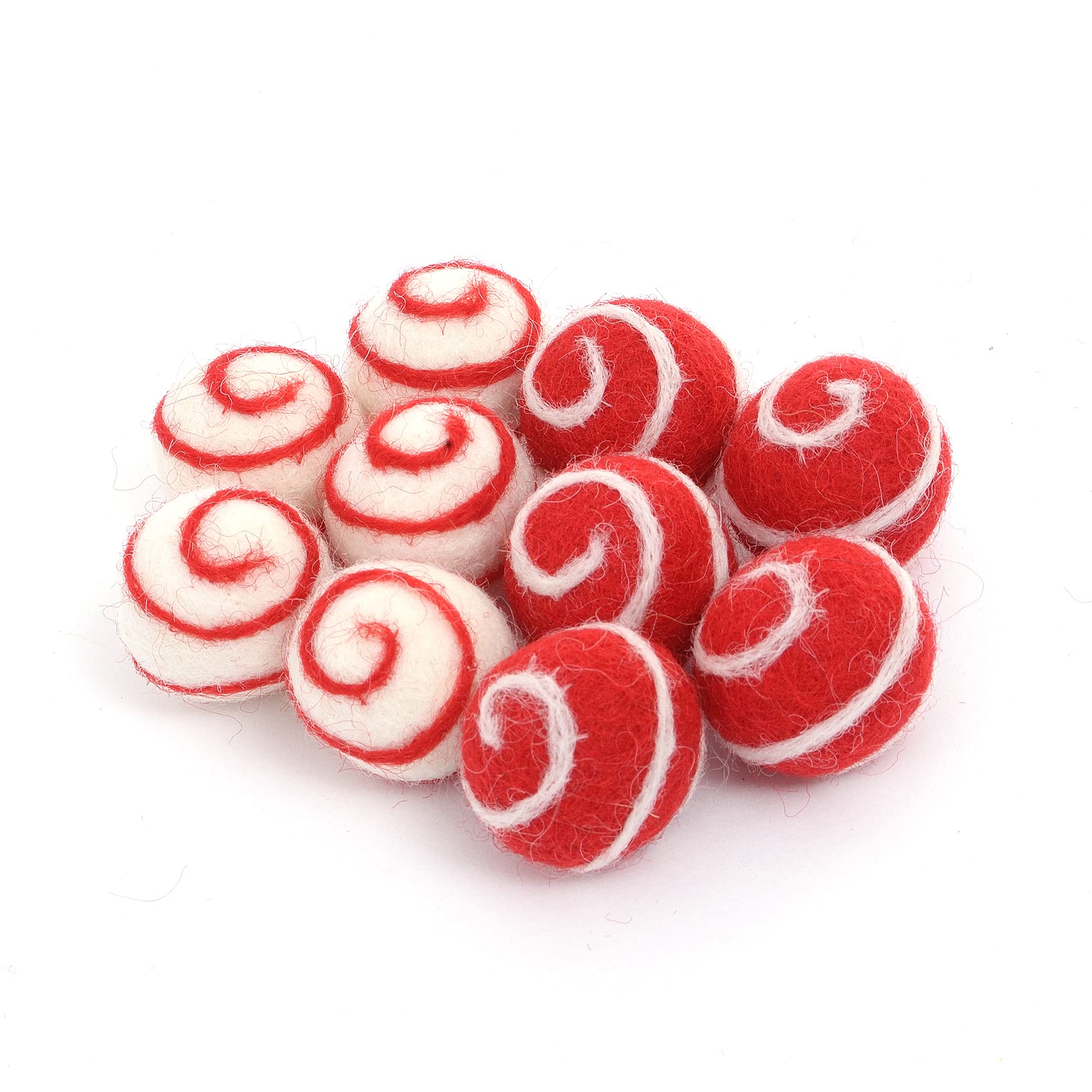 Glaciart One Wool Felt Balls Swirls (10 Pieces) 2.5 Centimeters - 1 Inch, Handmade Felted Valentines and Christmas Colors - Bulk Small Puff for Felting and Garland