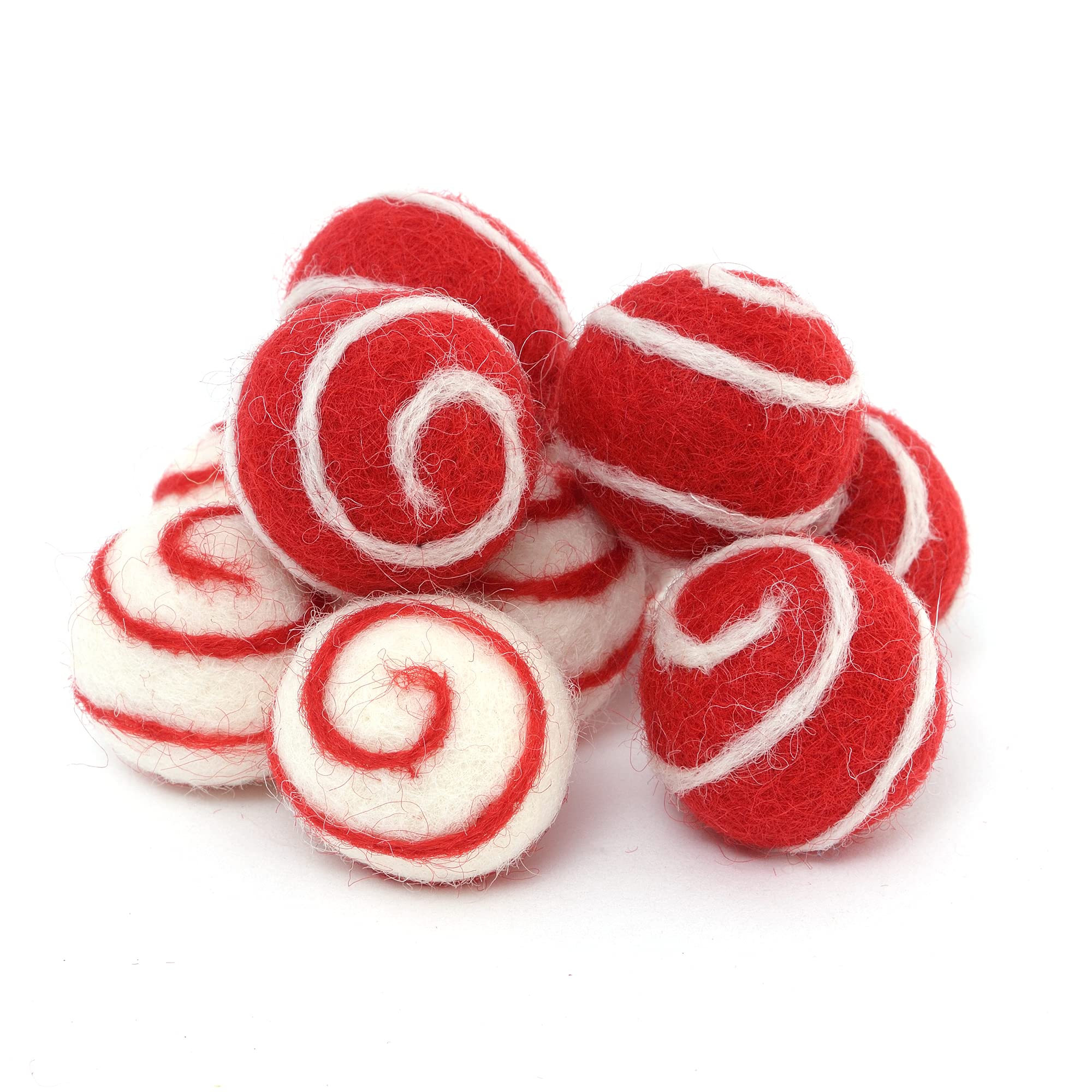 Glaciart One Wool Felt Balls Swirls (10 Pieces) 2.5 Centimeters - 1 Inch, Handmade Felted Valentines and Christmas Colors - Bulk Small Puff for Felting and Garland