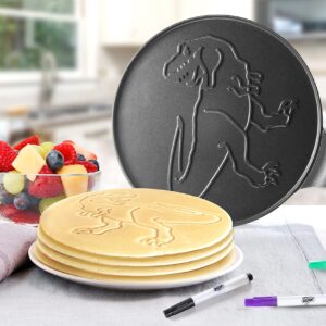 Jumbo Dinosaur Pancake Pan - Make Giant 10" Jurassic Pancakes for Magical Kid's Dino Christmas Breakfast - Includes 6 Edible Markers For Added Family Fun - Non Stick Griddle, Cool Unique Holiday Gift