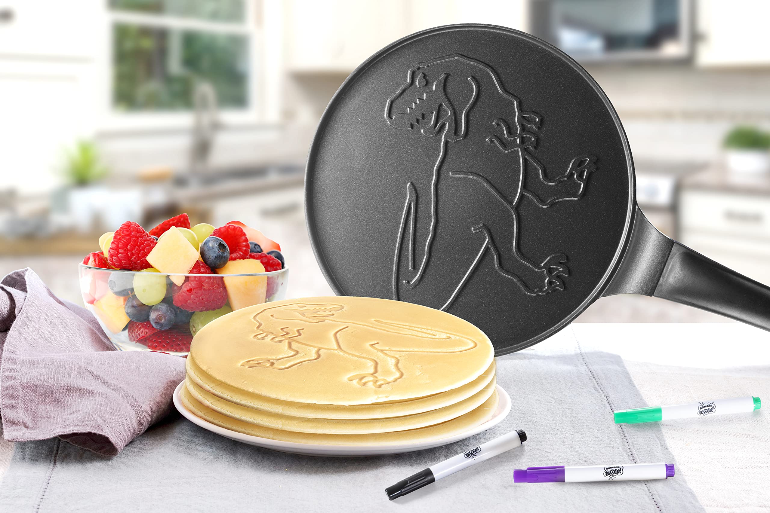 Jumbo Dinosaur Pancake Pan - Make Giant 10" Jurassic Pancakes for Magical Kid's Dino Christmas Breakfast - Includes 6 Edible Markers For Added Family Fun - Non Stick Griddle, Cool Unique Holiday Gift