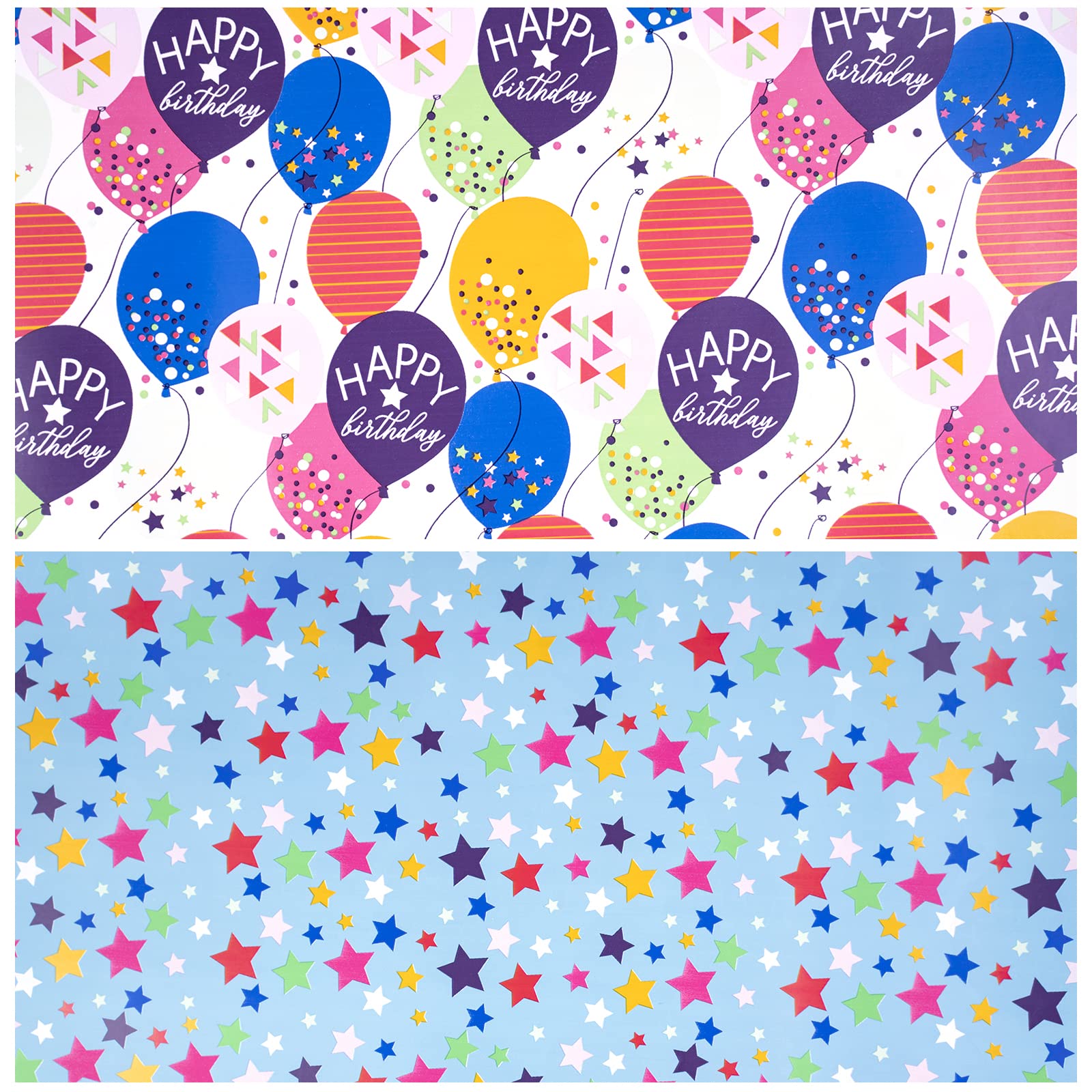 LeZakaa Reversible Birthday Wrapping Paper Jumbo Roll - Colorful Balloon & Stars - 24 inches x 100 Feet (200 sq.ft.)