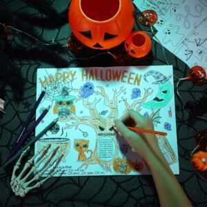 24 Pieces Halloween Paper Placemats Halloween Coloring Paper Placemats Pumpkin Ghost Kitchen Mats Coloring Activity Paper Table Mats for Halloween Party Home Table Supplies, 14 x 11 Inches, 4 Styles