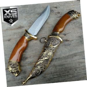 11" bear head golden fixed blade collectors survival hunting knife w/decorative sheath by survival steel