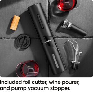 Chefman Electric Wine Opener Makes Opening Bottles Fast, Foolproof, And Fun! Black, Battery-Operated 4-Piece Corkscrew Set Comes With A Foil Cutter, Pourer, And Vacuum Stopper