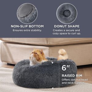 Bedsure Calming Cat Beds for Indoor Cats - Small Cat Bed Washable 20 inches, Anti-Slip Round Fluffy Plush Faux Fur Pet Bed, Fits up to 15 lbs Pets, Dark Grey