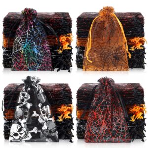 shappy 200 pcs halloween organza bags bulk 4 x 6" spider web treat bags black rattan halloween drawstring candy gift bag for tick or treat party