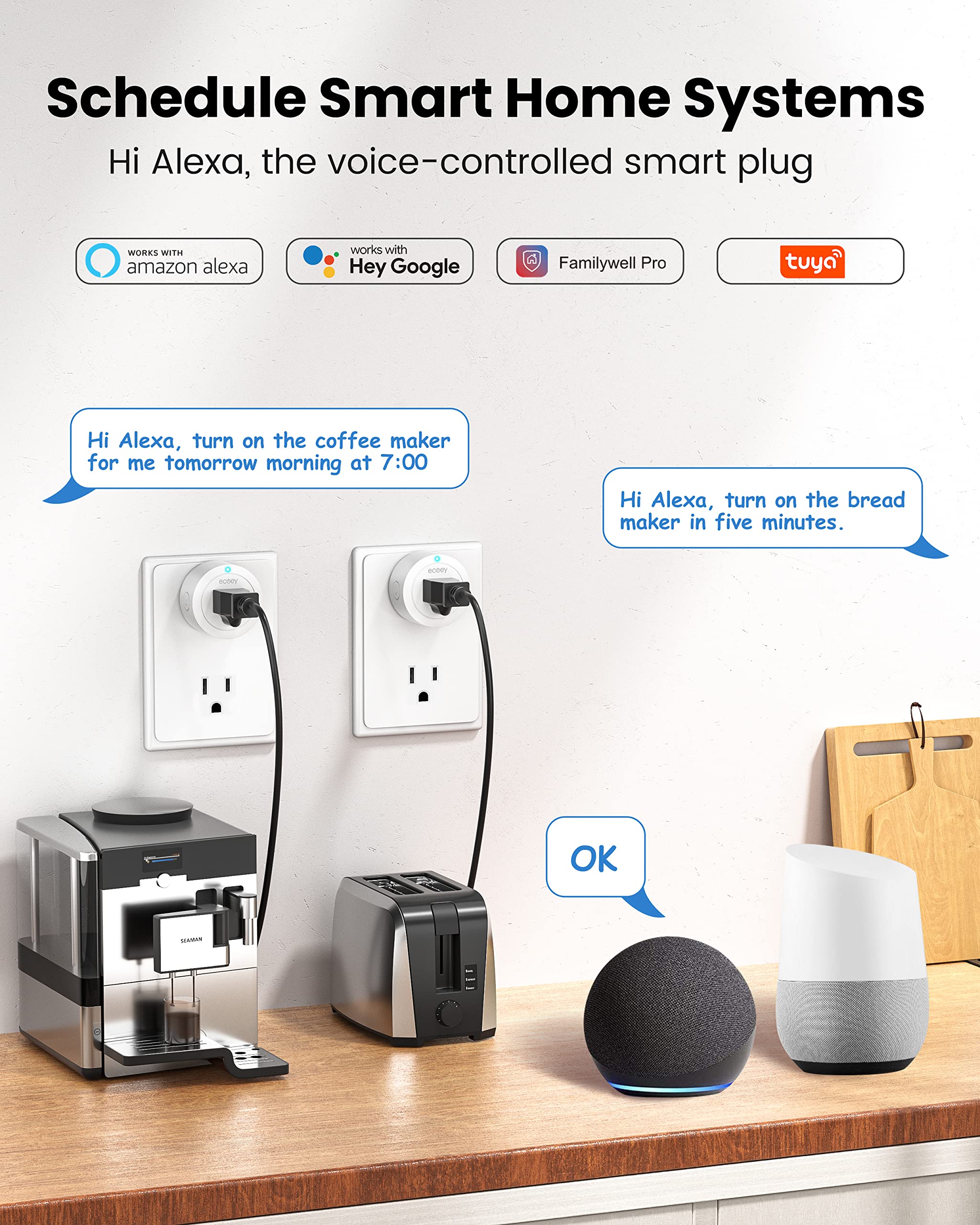 Ecoey Smart Plug - Smart Home Wi-Fi Outlet with Timing and Appointment Function, Smart Plugs with Voice Control, Familywell Pro/Tuya APP, ETL Listed, GW2001, 6 Packs