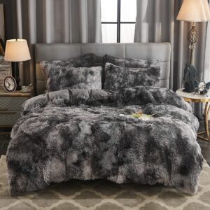 werdim shaggy fluffy tie dye duvet cover set button closure velvety bedding set comforter cover with pillowcases tie dye dark grey, twin size