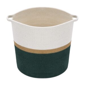 navaris cotton rope basket - 17.7" diameter x 15" height woven storage basket with handles for laundry, blankets - dark green/natural/off-white