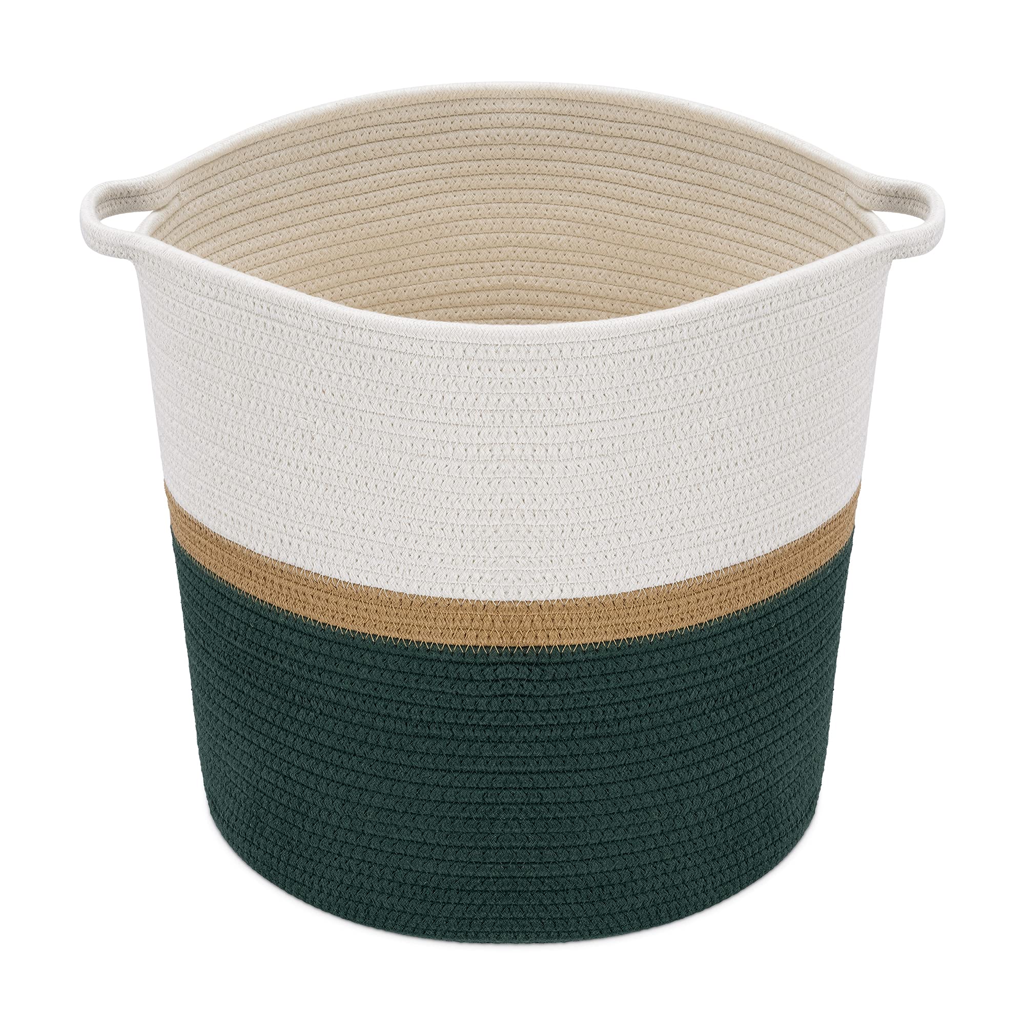 Navaris Cotton Rope Basket - 17.7" Diameter x 15" Height Woven Storage Basket with Handles for Laundry, Blankets - Dark Green/Natural/Off-White