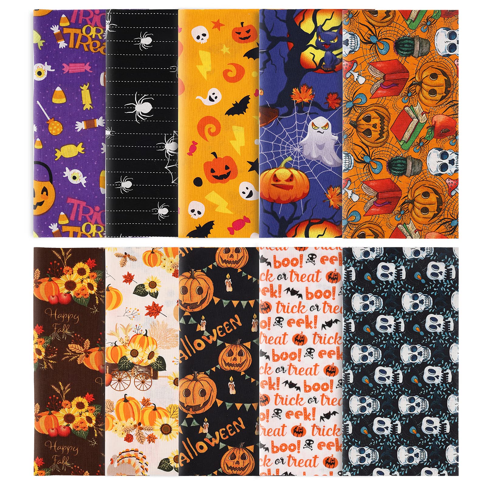 LUTER 10pcs 10x10inch Halloween Theme Fabric, Halloween Fat Quarter Pure Cotton Fabric Bundle for DIY Decorations Sewing Crafts Festival Series Supplies Patchwork