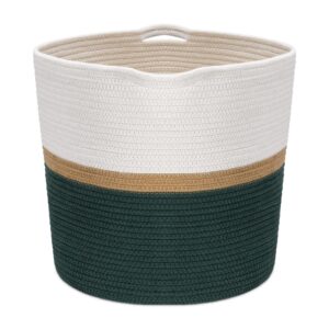 Navaris Cotton Rope Basket - 17.7" Diameter x 15" Height Woven Storage Basket with Handles for Laundry, Blankets - Dark Green/Natural/Off-White