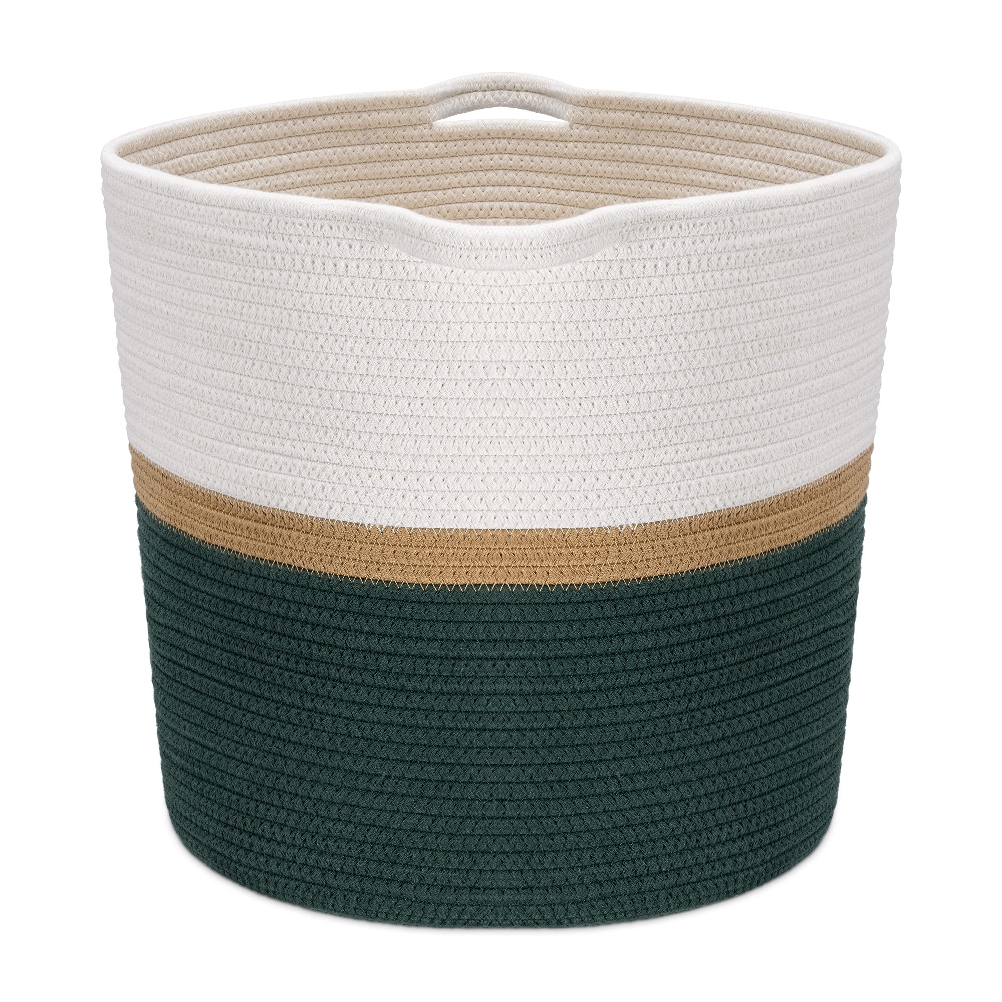 Navaris Cotton Rope Basket - 17.7" Diameter x 15" Height Woven Storage Basket with Handles for Laundry, Blankets - Dark Green/Natural/Off-White