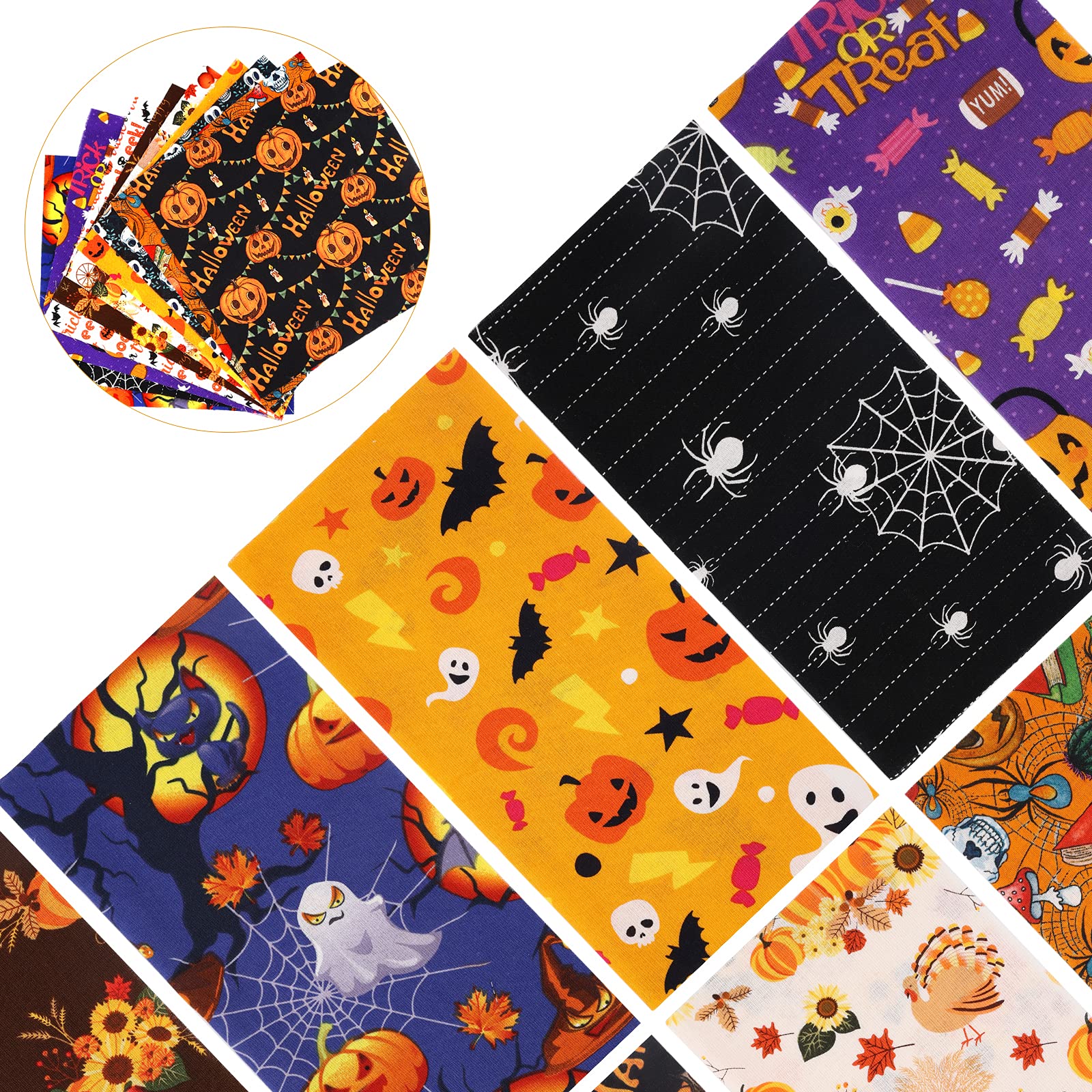 LUTER 10pcs 10x10inch Halloween Theme Fabric, Halloween Fat Quarter Pure Cotton Fabric Bundle for DIY Decorations Sewing Crafts Festival Series Supplies Patchwork