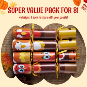 JOYIN 8 PACK Thanksgiving Party Favor,Turkey Style Thanksgiving Cracker,Party Games for Fall Holiday, No Snap Party Table Favor Set with Joke Dice & Gifts,Thanksgiving Holiday Cracker for Kids Adults