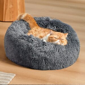 Bedsure Calming Cat Beds for Indoor Cats - Small Cat Bed Washable 20 inches, Anti-Slip Round Fluffy Plush Faux Fur Pet Bed, Fits up to 15 lbs Pets, Dark Grey